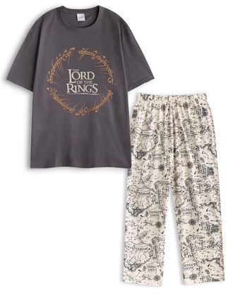 The Lord Of The Rings Herren-Nachtwäsche-Set in Grau | Kurzärmeliges Grafik-T-Shirt mit Themen-Rundhalsausschnitt und Hose mit Kartendruck | Fantasy-Kleidung mit elastische