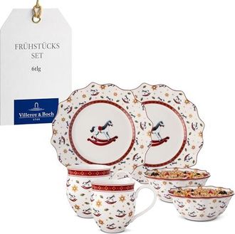 Villeroy & Boch Toys Delight Fr&uuml;hst&uuml;cks-Set f&uuml;r 2 Schaukelpferd 6-teilig Bunt, Weihnachten, Geschirr Set mit Fr&uuml;hst&uuml;ckstellern, Tassen und Sch&uuml;sseln, Weihnachtsgeschi