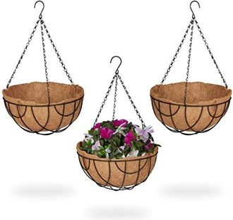 Relaxdays Blumenampel 3er Set, Kokoseinlage, HxD: 50x31 cm, H&auml;ngepflanzen, innen & au&szlig;en, Metallgestell, braun/schwarz