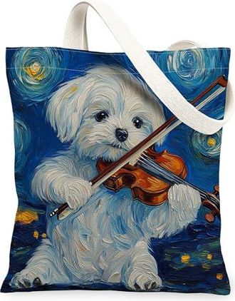 Generic Sac fourre-tout en toile pour le shopping Motif chien maltais 33 x 38 cm, motif violon nocturne &eacute;toil&eacute;, sac d&eacute;picerie r&eacute;utilisable pour femme, animal 