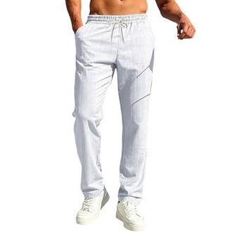 Generic Pantalon baggy en coton et lin pour homme, pantalon d&eacute;contract&eacute; ample et respirant &agrave; rayures synth&eacute;tiques pour le sport, le jogging, t-shirt droit, pa