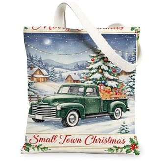 Generic Sacs fourre-tout en toile pour camion de No&euml;l, motif ferme de vacances, sacs d&eacute;picerie r&eacute;utilisables, rustiques, l&eacute;gers et lavables pour Sh, vert, 13x