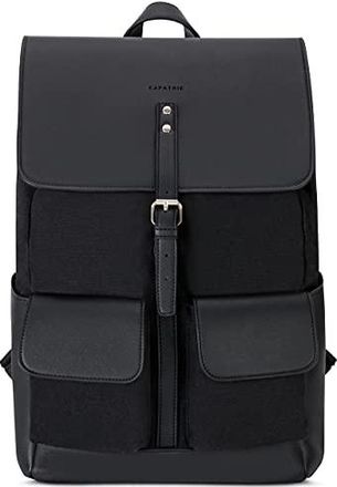 Expatrié Sac à Dos Femme en Toile de Coton & Cuir PU Végétal Noir - Daypack Large Laurent Backpack Femme - Sac de Ville 15L avec Cordon de Serrage & Fermeture 