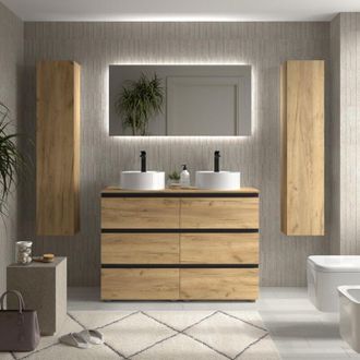 Cygnus Bath Meuble de salle de bain BEQUIA METAL 3C 120cm Ch&ecirc;ne Vasque &agrave; poser Porcelaine Centrale