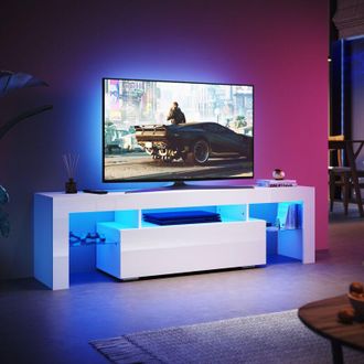 Sonni Sonni - Modern tv Schrank mit LED-Lichtern, Offenes Glasregal. 1 Klappt&uuml;r, Geeignet f&uuml;r Wohnzimmer und Schlafzimmer, Wei&szlig;, 1600 x 350 x 450 mm