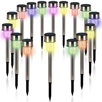 Deuba Solarlampe f&uuml;r Au&szlig;en 16er Set LED Wetterfest IP44 D&auml;mmerungssensor Erdspie&szlig; Farbwechsel Bunt Edelstahl Solar Garten Leuchte Balkon Deko