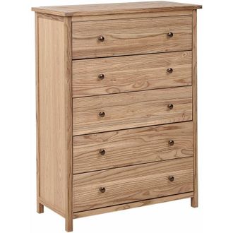 Beliani Kommode Hellbraun aus Nat&uuml;rlichem Holz mit 5 Schubladen 85 cm Massivholz Rustikal f&uuml;r Wohnzimmer Schlafzimmer