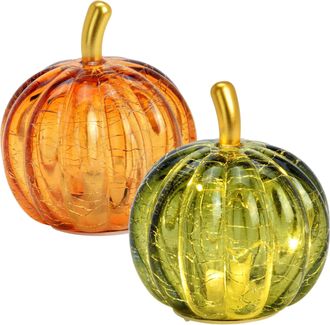 Matches 21 LED K&uuml;rbis Set aus Glas Orange & Gr&uuml;n, Herbstdeko in &Oslash; 7 x 9 cm - Leuchtk&uuml;rbis mit Timerfunktion 6/18h