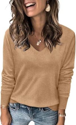 Minetom Pull Femme À Manches Longues en Tricot Sweat Col V Chemisier Top Léger Couleur Unie Pullover Chaud Sweater A Kaki M