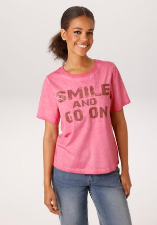 Aniston T-Shirt ANISTON CASUAL, Damen, Gr. 36, pink (pink, braun), Single Jersey, Obermaterial: 100% Baumwolle, Abriebeffekte, bedruckt, figurumspielend h&uuml;ftl