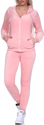 Jela London Damen Nicki Hausanzug Jogginganzug Velour Samt Jogging Freizeit Hose Kapuzen Jacke, Lachsrosa Hellrosa, 36-38 (M)