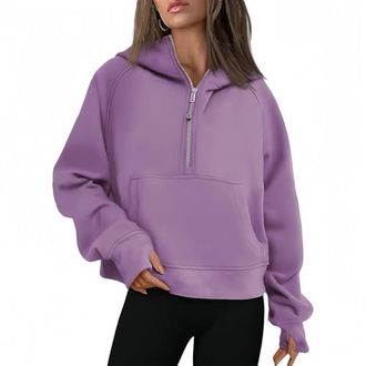 Generic Sweat-shirt surdimensionn&eacute; &agrave; manches longues et demi-fermeture &eacute;clair pour femme, avec trou pour le pouce et poches, violet, XXL