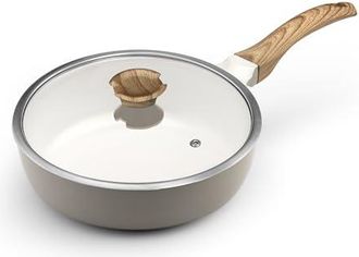 Cuisinox Mythic - Sauteuse 24 cm avec rev&ecirc;tement en c&eacute;ramique blanche et couvercle assorti - Poign&eacute;e Fixe Soft Touch effet bois - Sans PFOA et PFAS - Coloris B