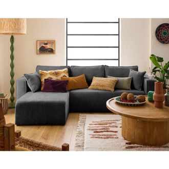 Best Mobilier Bestmobilier - Topaze - 4-sitzer ecksofa beidseitig montierbar - schlaffunktion und bettkasten - aus cordstoff flach - grau