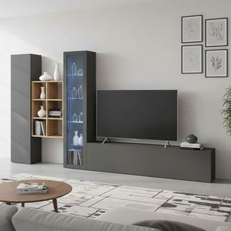 Dmora Ausgestattete Wand Eugenio, 3-t&uuml;riges TV-St&auml;nder-Wohnzimmerset, Mehrzweck-Wohnzimmerm&ouml;bel mit Vitrine und LED-Licht, 100% Made in Italy, 320 x 30 x 18