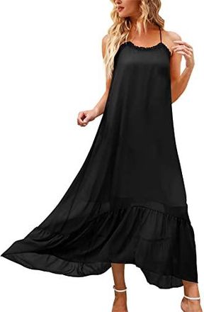 Generic Robe boh&egrave;me 2026 pour femme, couleur unie, sans bretelles spaghetti, sans manches, robe d&eacute;contract&eacute;e ample &agrave; volants, robe maxi de plage, Noir, S
