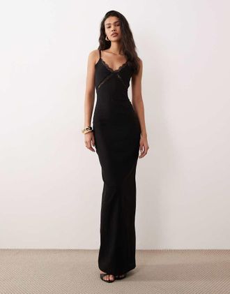 Vesper Robe caraco longue en bengaline avec bordures en dentelle - Noir