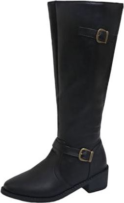 Generic Bottes montantes pour femme - Larges mollets - Style d&eacute;contract&eacute; - &Eacute;l&eacute;gantes - Couleur unie - Talon &eacute;pais - Boucle - Fermeture &eacute;clair lat&eacute;rale - Confo