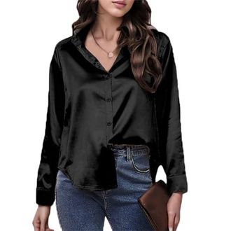 Generic Womens Satin Button Down Shirts V-Neck Long Sleeve Tops Business Office Blouses Fashion Spring Shirt