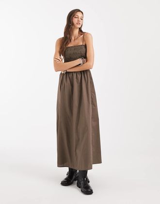 Object Robe caraco mi-longue &agrave; corsage fronc&eacute; - Marron morille