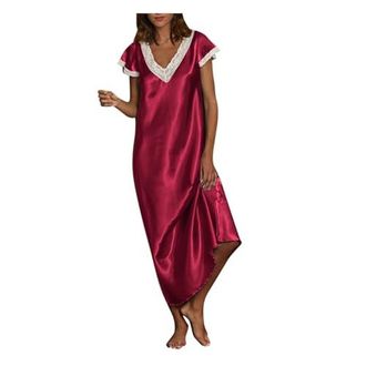 Generic Chemise de nuit en satin pour femme - Sexy - Nuisette élégante - Robe de nuit en tissu satiné - Vêtement de nuit doux avec bretelles spaghetti - Robe 