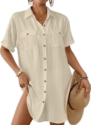 Bsubseach Frauen Badeanzug Coverup Button Down Badeanzug Cover Up f&uuml;r Bademode Sommer Strand Shirt Kleider Resort Wear Aprikose XXL