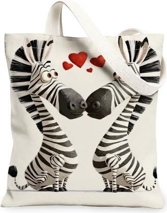 Generic Sacs fourre-tout en toile &agrave; rayures avec motif animal mignon, sacs d&eacute;picerie r&eacute;utilisables, pour la Saint-Valentin, amusement, l&eacute;ger, lavable, blanc, 