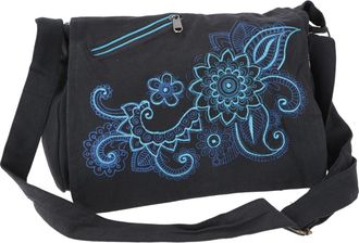 Guru Shop Bestickte Boho Schultertasche, Hippie Tasche aus Nepal - Schwarz/t&uuml;rkis, Baumwolle, 23x28x12 cm