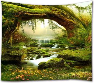 A.Monamour Wandteppiche Geheimnisvollen Grünen Dschungel Bäume Streams Regenwald Sommer Natur Landschaft Dekore Stoff Wandbehang Wandteppich Wandbild Vorhang Wan