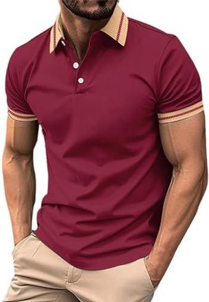 Generic Chemise ray&eacute;e pour homme - Mode printemps et &eacute;t&eacute; - D&eacute;contract&eacute; - Manches courtes - Revers - Couleur unie - T-shirt &agrave; manches courtes, Rouge, 3XL