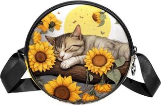 Generic Petit sac &agrave; bandouli&egrave;re rond pour femme, motif tournesols et chats avec fermeture &eacute;clair, bretelles r&eacute;glables, sac &agrave; main rond d&eacute;contract&eacute; pour femmes