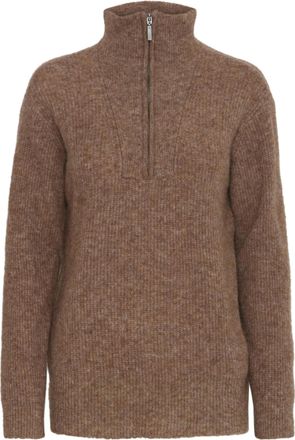 Pulz Jeans PZAstra Damen Strickpullover Troyer Grobstrick Pullover mit Troyerkragen Rippbündchen Oversize, Größe:M, Farbe:Tobacco Brown Melange (1713271)