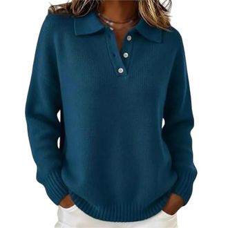 Generic Pull classique boutonn&eacute; &agrave; col en V pour femme - Couleur unie - Col en V - Coupe ample, bleu, XXL