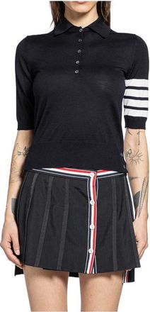Thom Browne Femme, Tops, Bleu, Taille: 40 FR Polo Relax Coupe D&eacute;contract&eacute;e en Laine avec Rayures 4-Barres