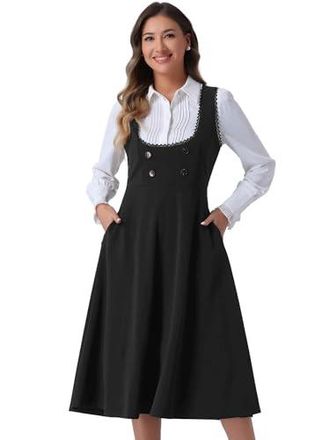 Allegra K Robe Chasuble Femmes Garniture en Dentelle Salopette Double Boutonnage D&eacute;corative sans Manches Robe Midi Trap&egrave;ze Noir XL