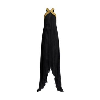 Alberta Ferretti Femme, Robes, Noir, Taille: 36 FR Robe du soir pliss&eacute;e en mousseline avec col brod&eacute; m&eacute;tallique