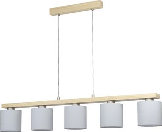 Eglo Pendelleuchte Castralvo, 5 flammige H&auml;ngelampe, H&auml;ngeleuchte aus Stahl in Nickel-Matt, Holz in Braun und Textil in Wei&szlig;, Esstischlampe FSC zertifizier