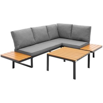 ML Design ML-Design Gartenm&ouml;bel Set 3 tlg, Terrassenm&ouml;bel mit Couchtisch & Kissen, Balkonm&ouml;bel Grau-Holzoptik, Ecksofa wetterfest, Sitzgruppe frei