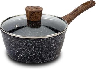 Nava Stielkasserolle NATURE | Ø 18 CM, 1,75 L | Kochtopf mit Deckel Granitbeschichtung | Für Gasherd und Induktion