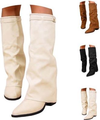 Generic Bottes mi-mollet en daim pour femme - Large mollet - Bout pointu - Talon bloc &eacute;pais - Coupe extensible - Pour lautomne et lhiver, blanc, 39.5 EU