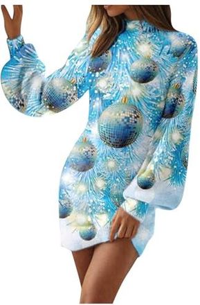 Generic Robes amincissantes 2026 pour femmes, robe mi-longue, imprim&eacute; color&eacute;, coupe ajust&eacute;e, chemise &agrave; fond long, bleu ciel, XXL