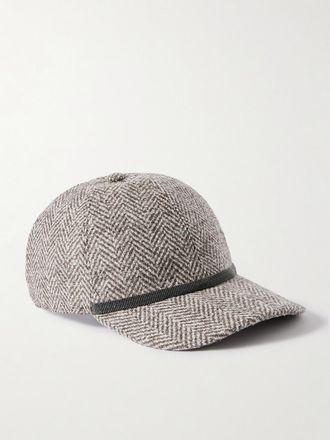 Brunello Cucinelli Casquette En Tweed De Laine Mélangée À Chevrons Et À Perles - Marron