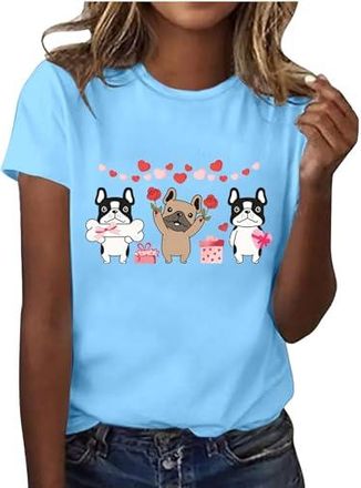 Generic T-shirt d&eacute;contract&eacute; &agrave; col rond pour femme pour la Saint-Valentin 2026 | Haut &agrave; manches courtes pour plus de confort et de style (3), bleu clair, XL
