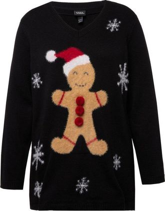 Ulla Popken Strickpullover Weihnachts-Pullover Lebkuchenmann V-Ausschnitt