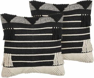 Beliani Beliani - Dekokissen 2er Set Beige und Schwarz 50x50 cm Quadratisch mit Fransen Rei&szlig;verschluss Geometrisches Muster Strukturiert Handgewebt Boho Stil