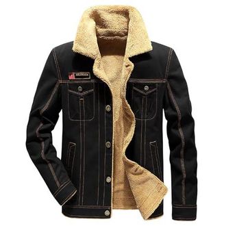 Generic Veste en jean doublée Sherpa pour homme - Manteau dhiver chaud - Coupe-vent épais - Veste en jean à revers en polaire - Manteaux dhiver boutonnés, Noi