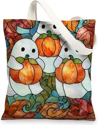 Generic Sacs fourre-tout en toile fantôme, motif citrouille coloré, sacs de courses réutilisables, fantaisie, décoratifs, légers et lavables, sacs en toile po