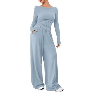 Generic Woman Suites Ensemble 2 pi&egrave;ces pour femme T-shirt asym&eacute;trique &agrave; manches longues Pantalon &agrave; jambes larges Tenue d&eacute;contract&eacute;e, bleu clair, M