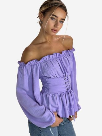 Elara Blusentop Damen Carmenbluse mit Schn&uuml;rung, Smokbund und Ballon&auml;rmeln