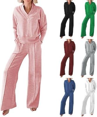 Generic Ensemble deux pi&egrave;ces pour femme - Ensemble de d&eacute;tente - Sweat-shirt &agrave; col en V - Pantalon large - Poches - Tenues d&eacute;t&eacute; - Essentiel pour les vacances, 
